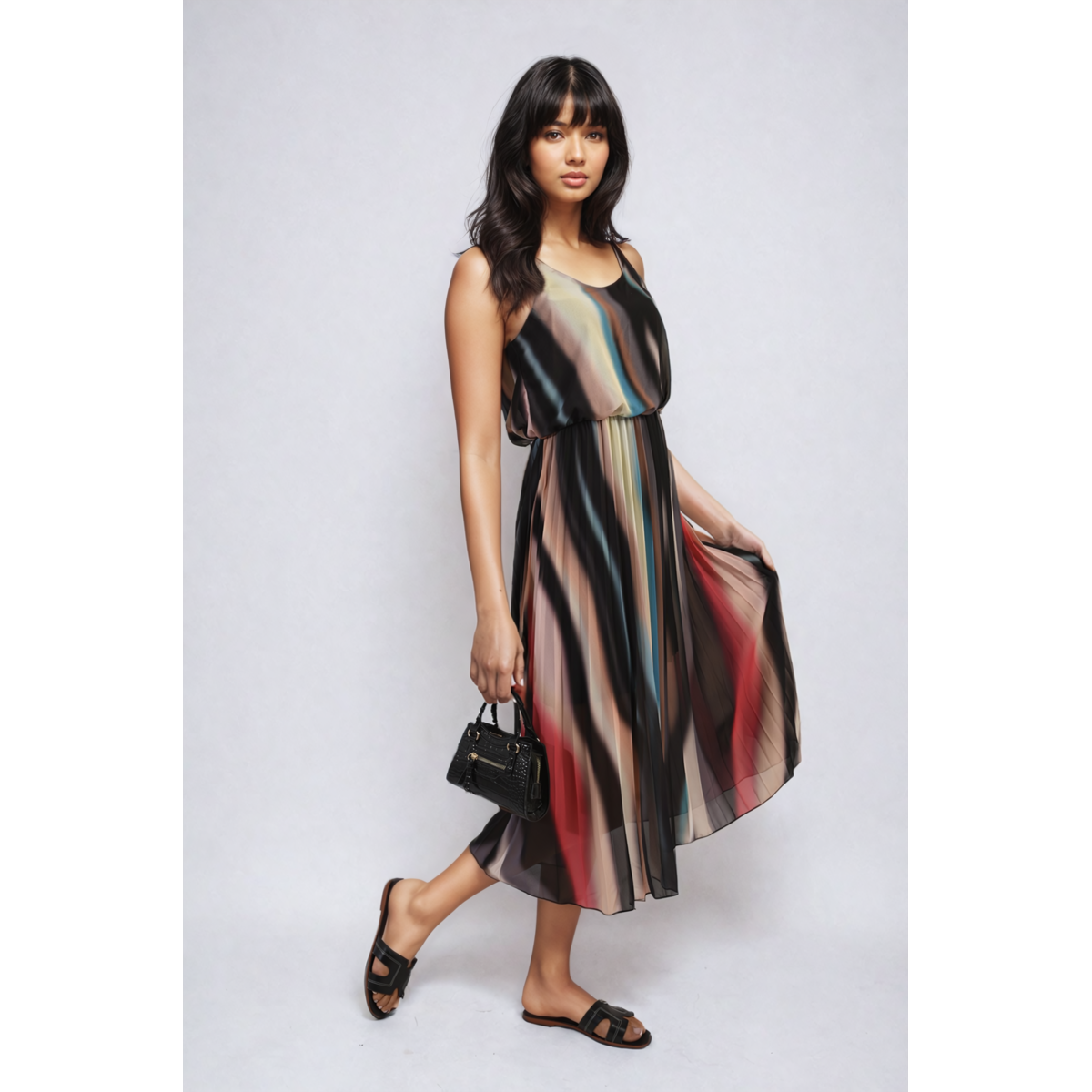 Multi Colored Print Pleated Strappy Midi Dress | Go Wholesale